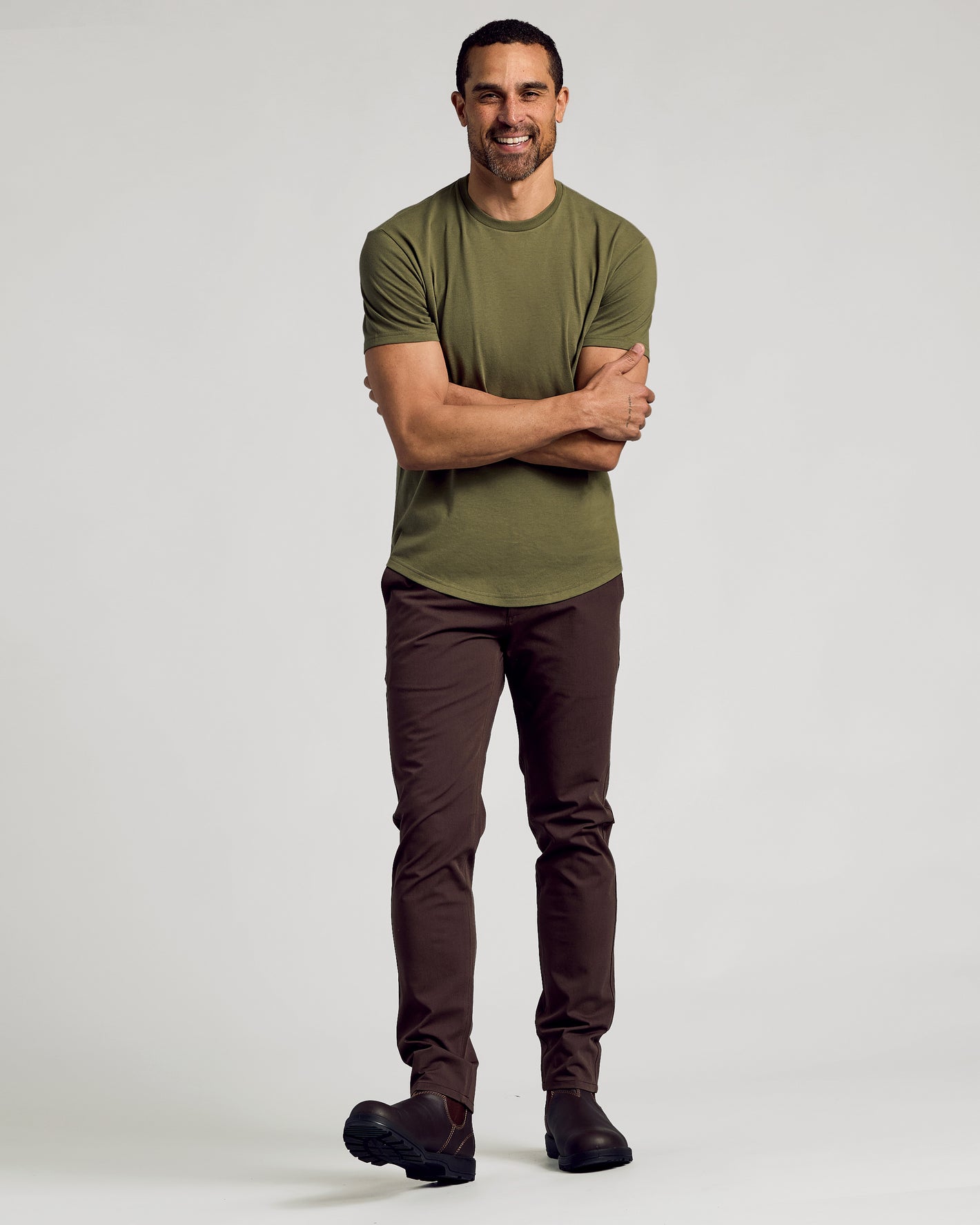 Military Green Curved Hem Classic Crew Neck