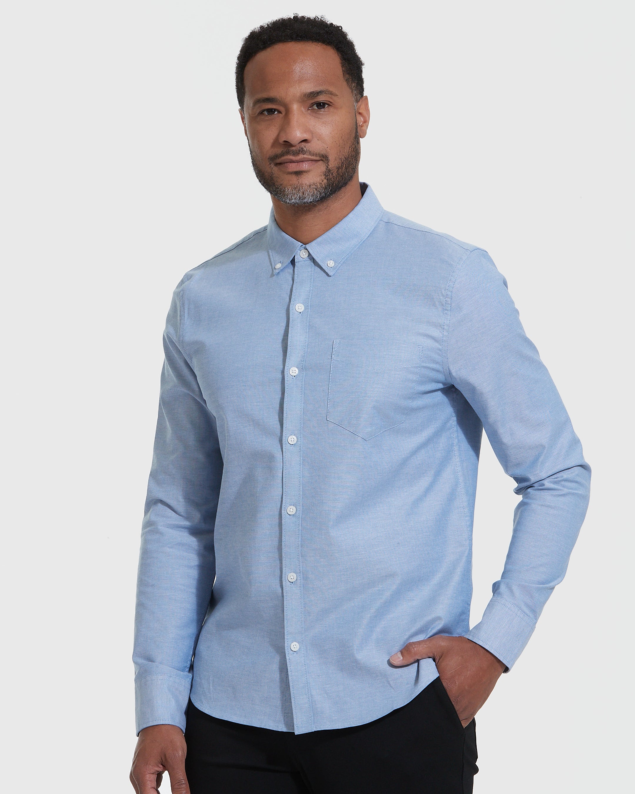 Banker Blue Stretch Oxford Long Sleeve Button Up Shirt | Banker Blue ...