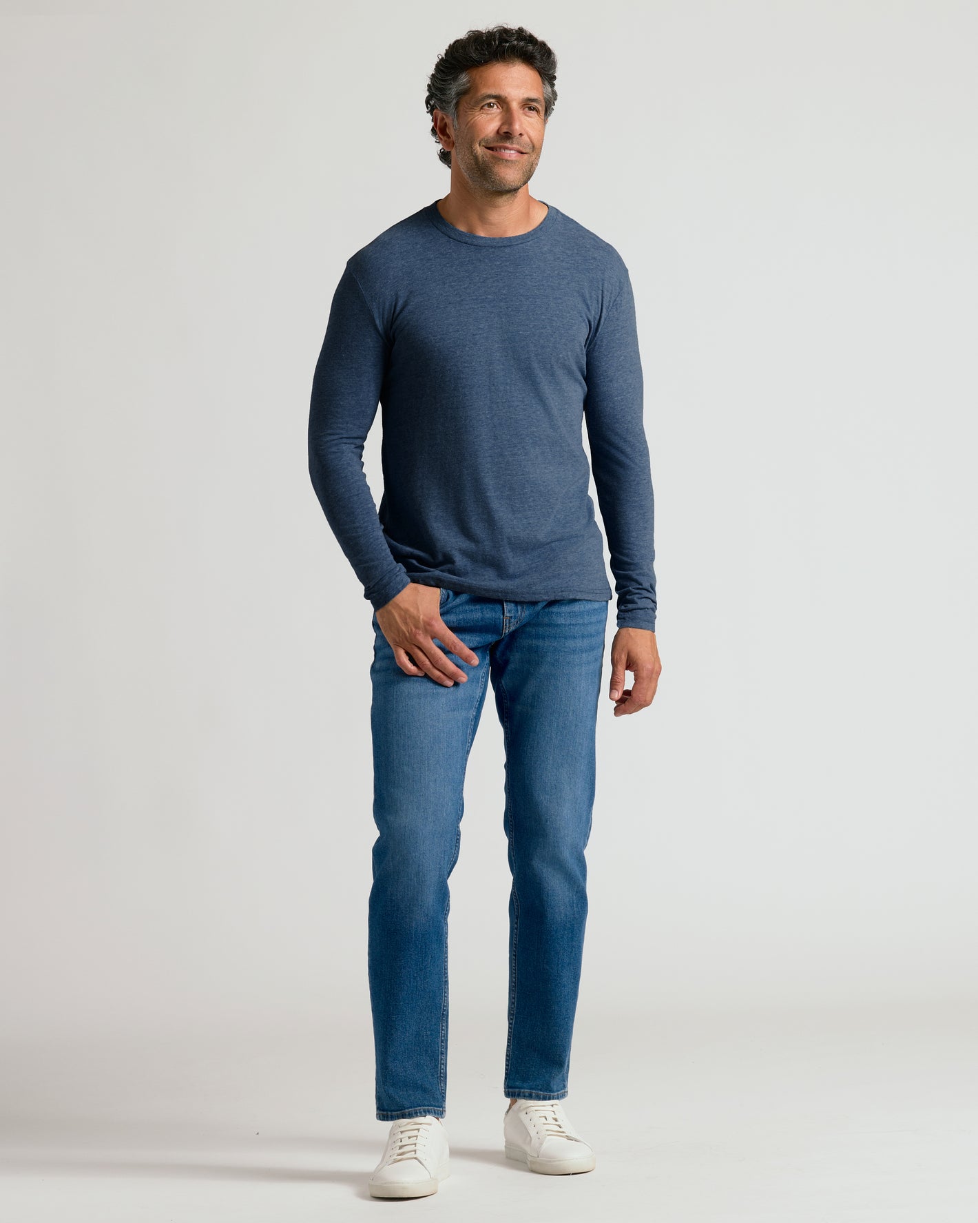 Male model in Heather Classic Long Sleeve 3-Pack outfit.