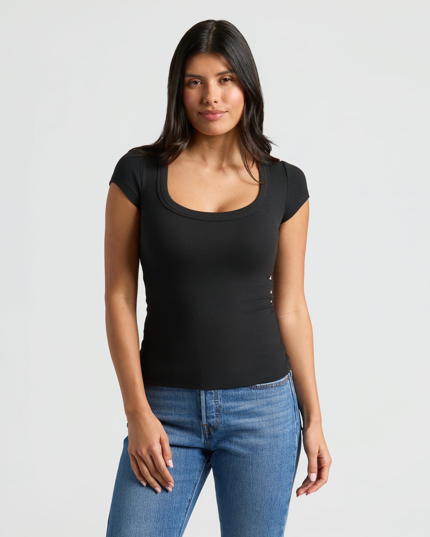 Womens Black Ribbed U-Neck Tee - True Classic